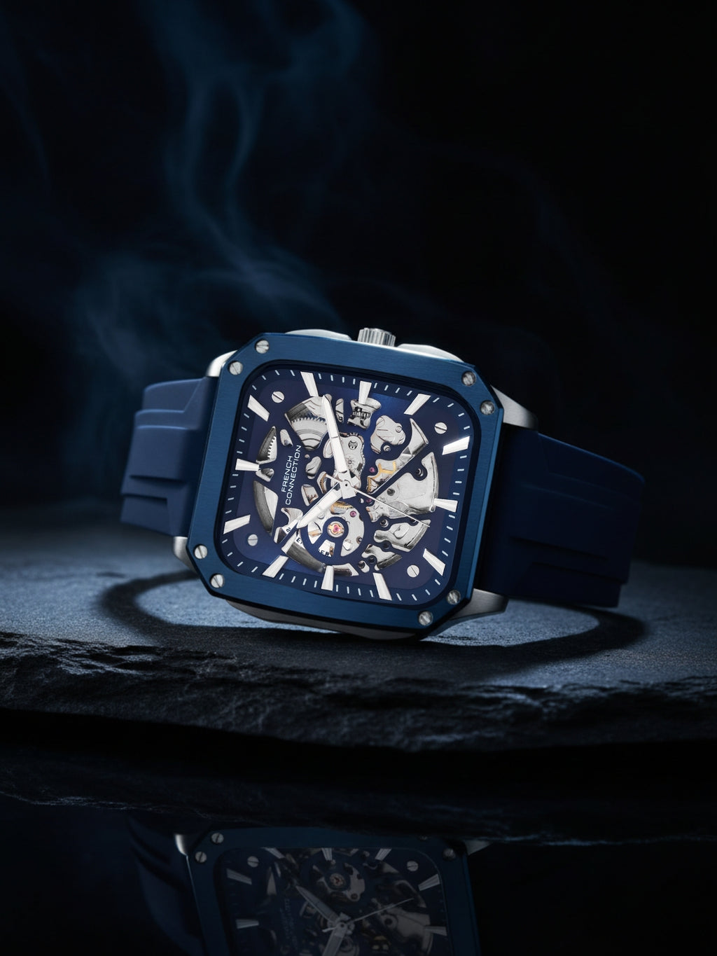 French Connection See Through Blue Square Dial With Blue Silicone Strap ...
