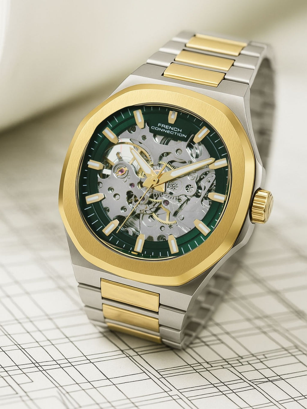 French Connection Men Skeleton Dial & Bracelet Style Straps Automatic ...